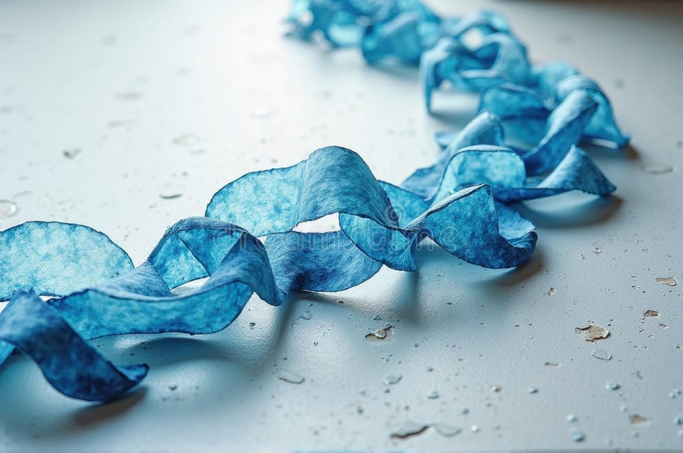 Close-up of Blue Ribbon with Water Droplets on White Surface Stock ...