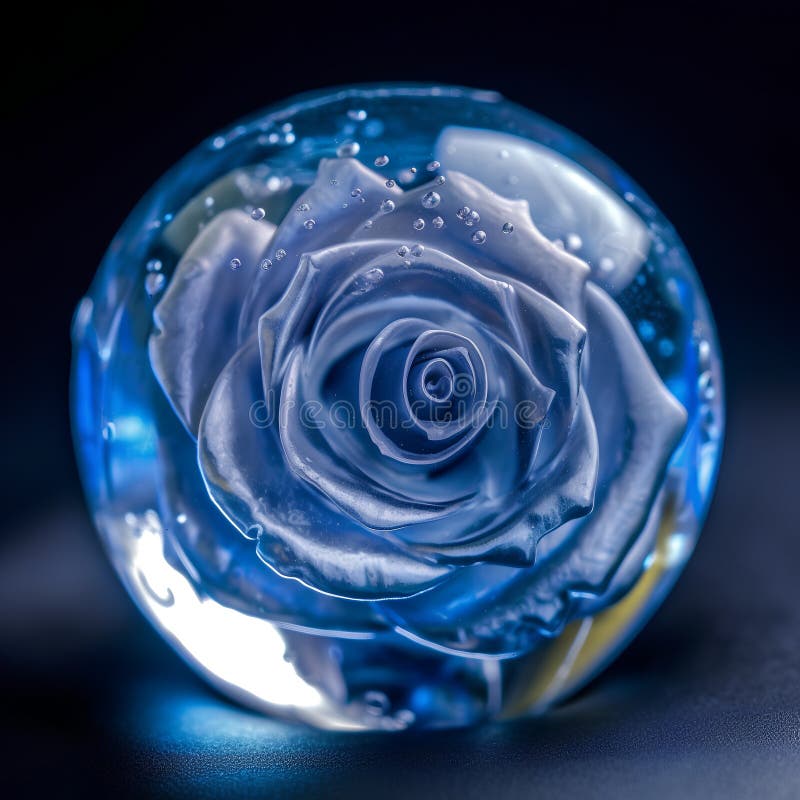 Close Up of a Blue Rose in a Crystal Ball on Black Background Stock ...