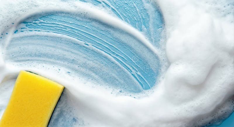 Close-Up of Blue Soapy Surface with Yellow Sponge . Cleaning ...