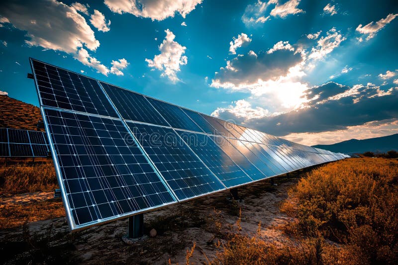 Close-up of Blue Solar Panel Array with Blue Sky and White Clouds in the Background Stock ...