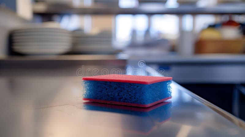 Close-up of a Blue Sponge on a Kitchen Counter. Cleanliness and ...
