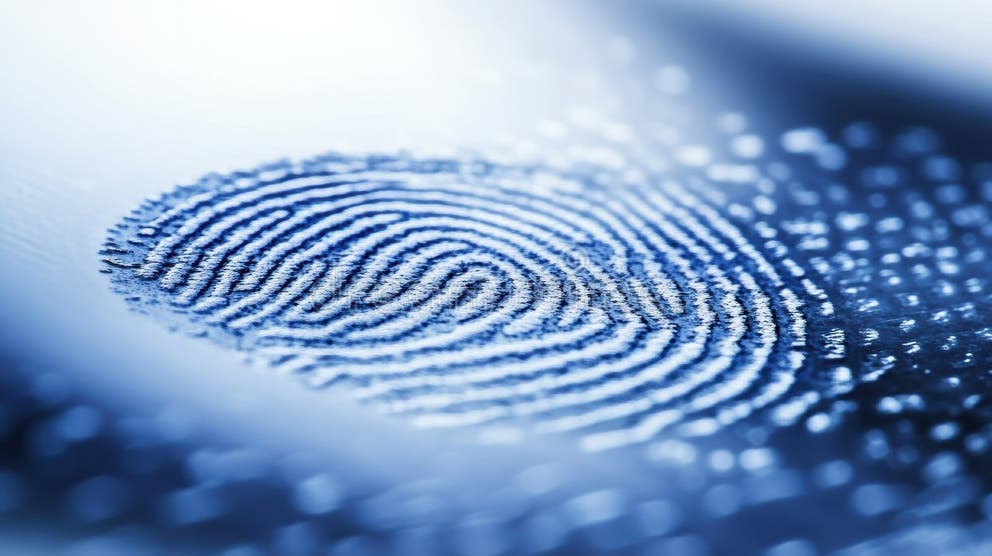 Close-up of a Blue Toned Fingerprint on a Smooth Surface Reflecting ...