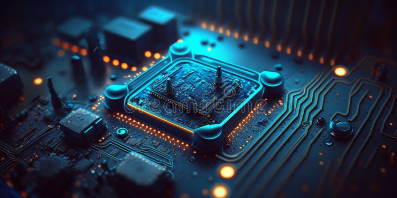 Close-up of Blue-Toned Processor on Motherboard with Bokeh Effect Stock ...