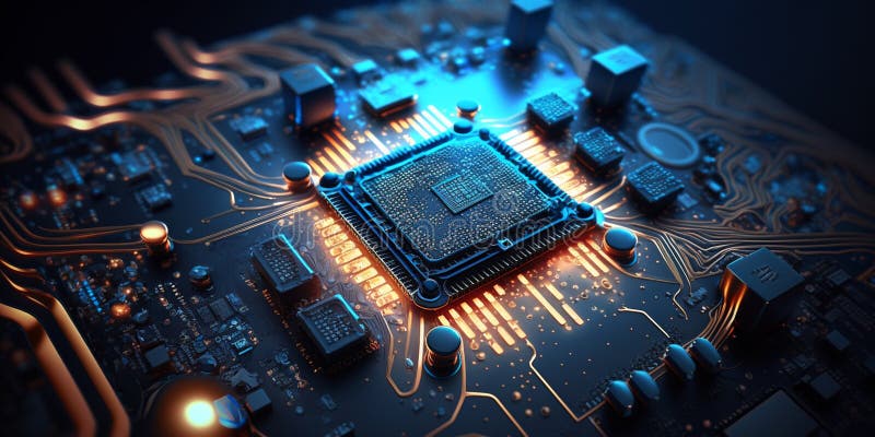 Close-up of Blue-Toned Processor on Motherboard with Bokeh Effect Stock ...