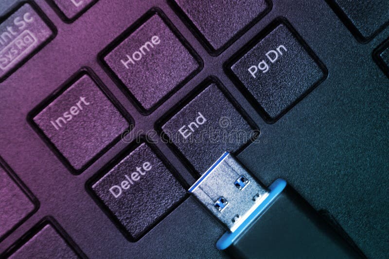Blue 3.0 USB Flash on a Computer Keyboard - Toned with Purple Bluish ...