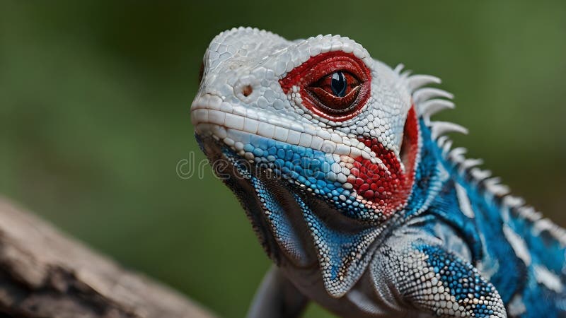 Close Up of a Blue and White Faced Lizard with Red and Black Tail Stock ...