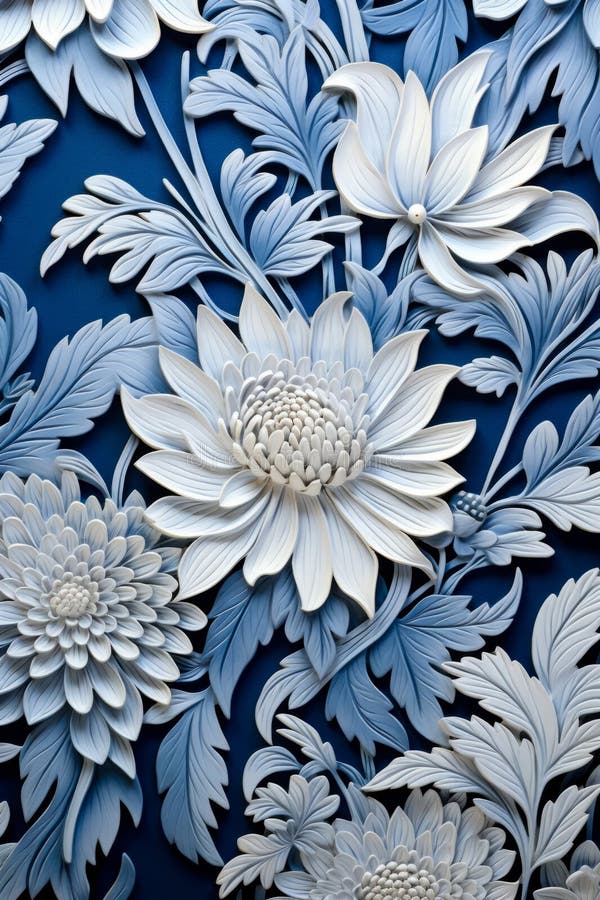 Close Up of Blue and White Flower Pattern on Wall. Generative AI Stock ...