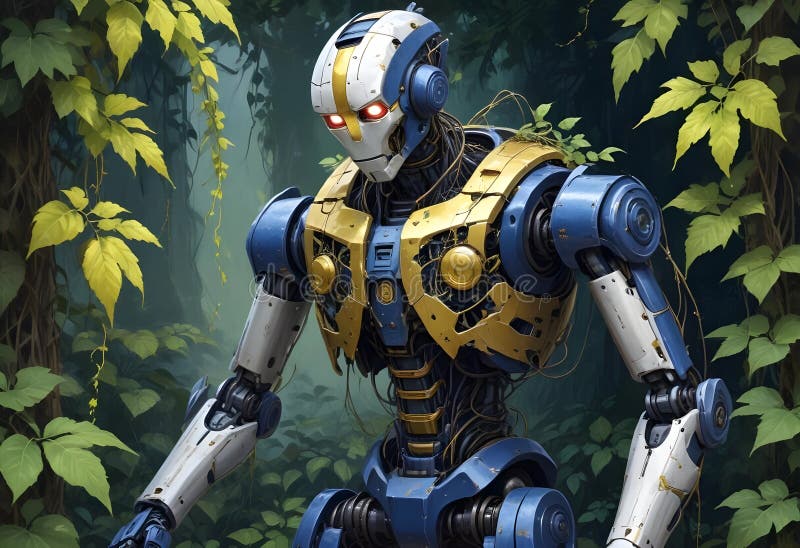 Close-up of a Blue, White, and Gold Robot in a Jungle Setting. the ...