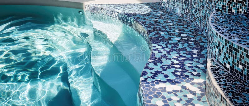A Close-up of a Blue and White Mosaic Tiled Pool Edge with Rippling ...