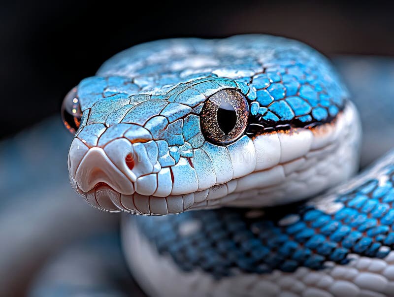 A Close Up of a Blue and White Snake S Face Stock Photo - Image of eyes ...