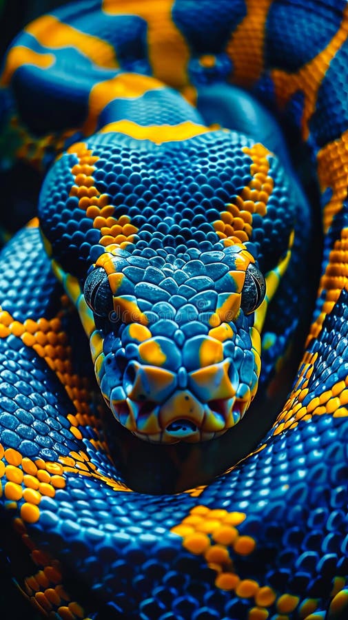 A Close Up of a Blue and Yellow Snake Stock Image - Image of closeup ...