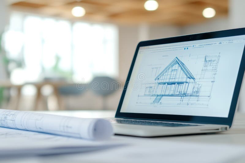 Close Up of Blueprints and Laptop Displaying Architectural Plans ...