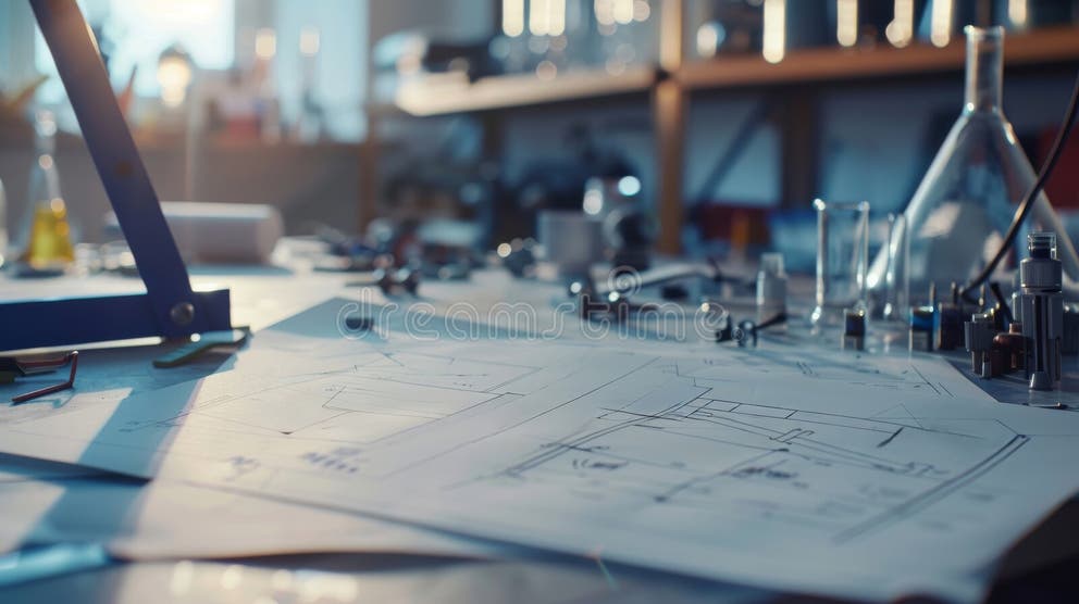 Close-Up of Blueprints and Technical Drawings on Workbench Stock ...