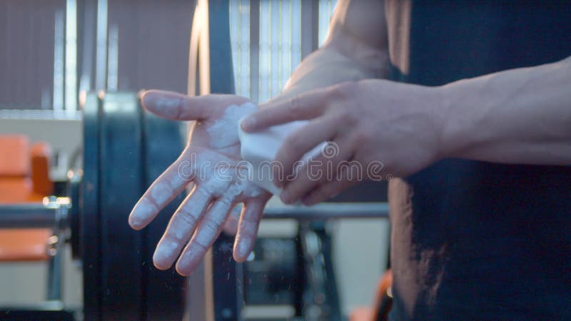 Bodybuilder Chalking the Hands Stock Video - Video of hands, muscle ...