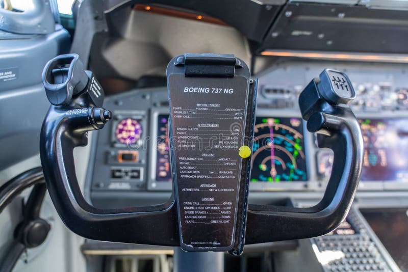 Close-up of Boeing 737-800 Control Column with Flight Instruments and ...