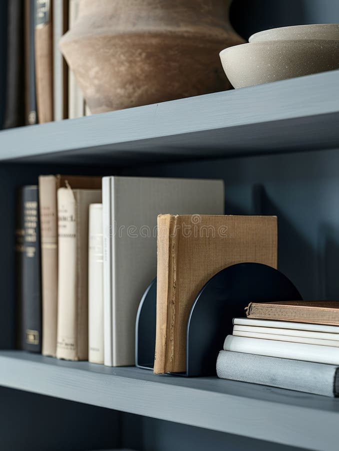 Close-up of Books Arranged on a Gray Bookshelf with Pottery. Stock ...