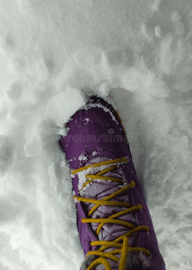 Close-up of Purple Boot in Clean White Snow Winter Empty Blank Space ...