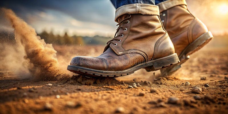 Close Up of a Boot Stepping on Dry Soil Creating a Dust Cloud AI ...