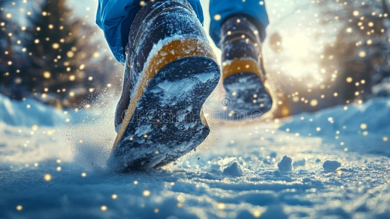 Close-up of a Boot Stepping in Snow with Sunlight and Falling Snow ...