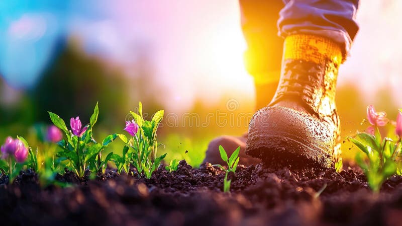 Close-up of Boot Stepping in Vibrant Garden at Sunrise Stock Image ...