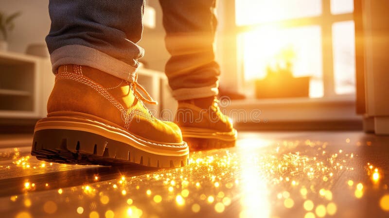 Close-up of Boots Walking on Sparkling Floor in Warm Sunlight. First ...