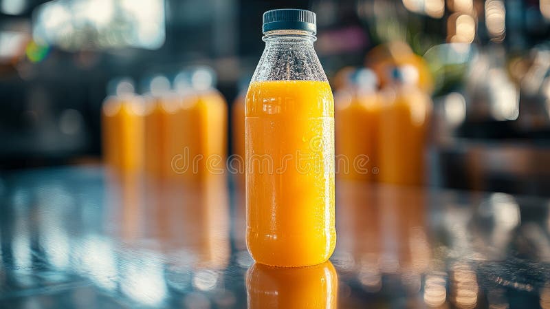 Close-up of a Bottled Orange Juice on a Reflective Surface. Stock Image ...