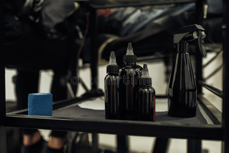 Close Up of Bottles with Ink Inside, Essentials of Creating Tattoo at ...