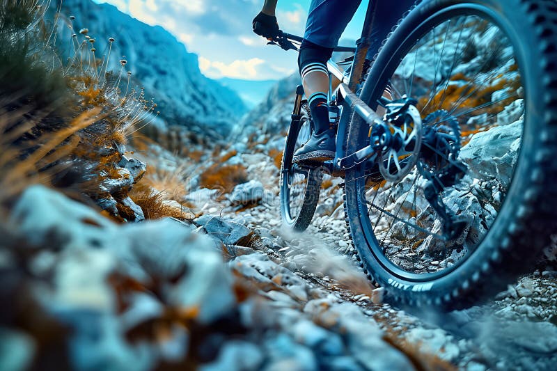 Low Angle View Cyclist Riding Nature Trail, Dynamic Shot Stock ...