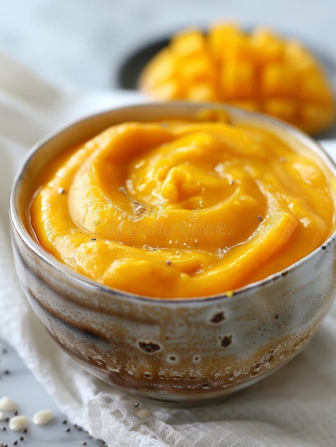 Close-up of a Bowl of Creamy Mango Pulp with Sliced Mango. Stock Photo ...