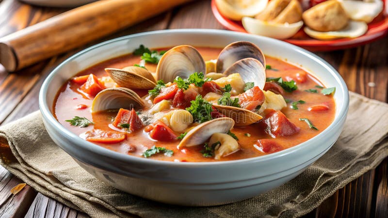 Close Up of a Bowl of Tomato Chowder with Shellfish and Bacon on the ...