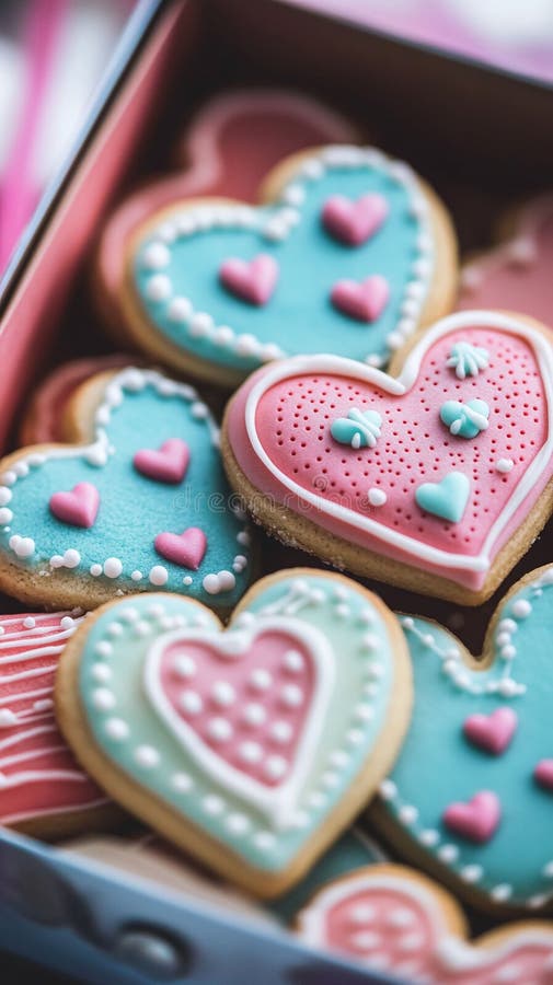 A Close-up of a Box of Heart-shaped Sugar Cookies Decorated with Icing ...