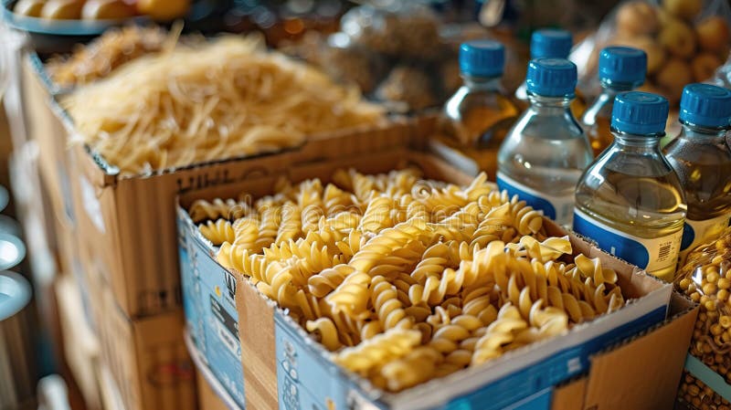 Close-up of a Box of Pasta on a Market Stall with Water Bottles in the ...