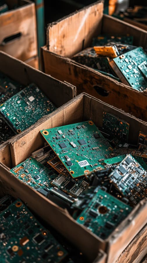 Close Up of Boxes Filled with Computer Circuit Boards for Recycling or ...