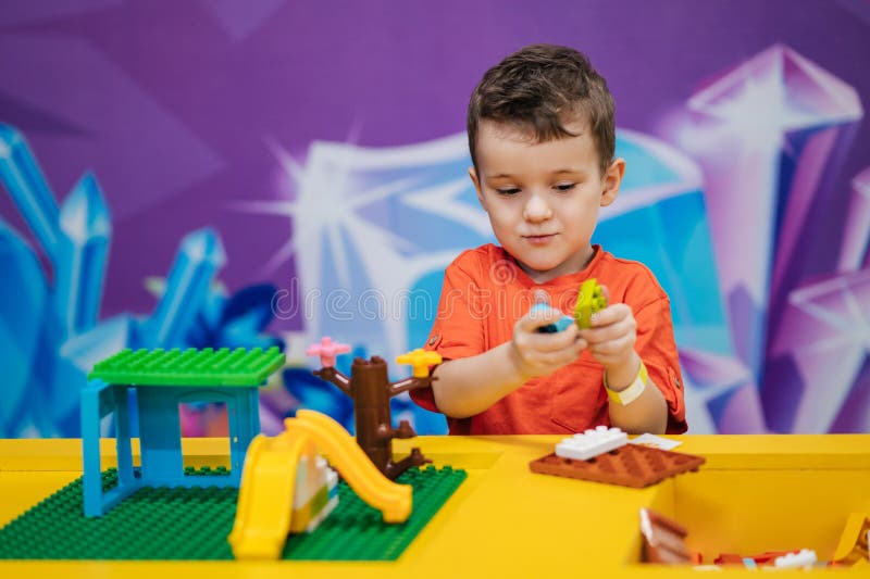 Close-up of a Boy S Child Playing with Colorful Plastic Bricks at a ...