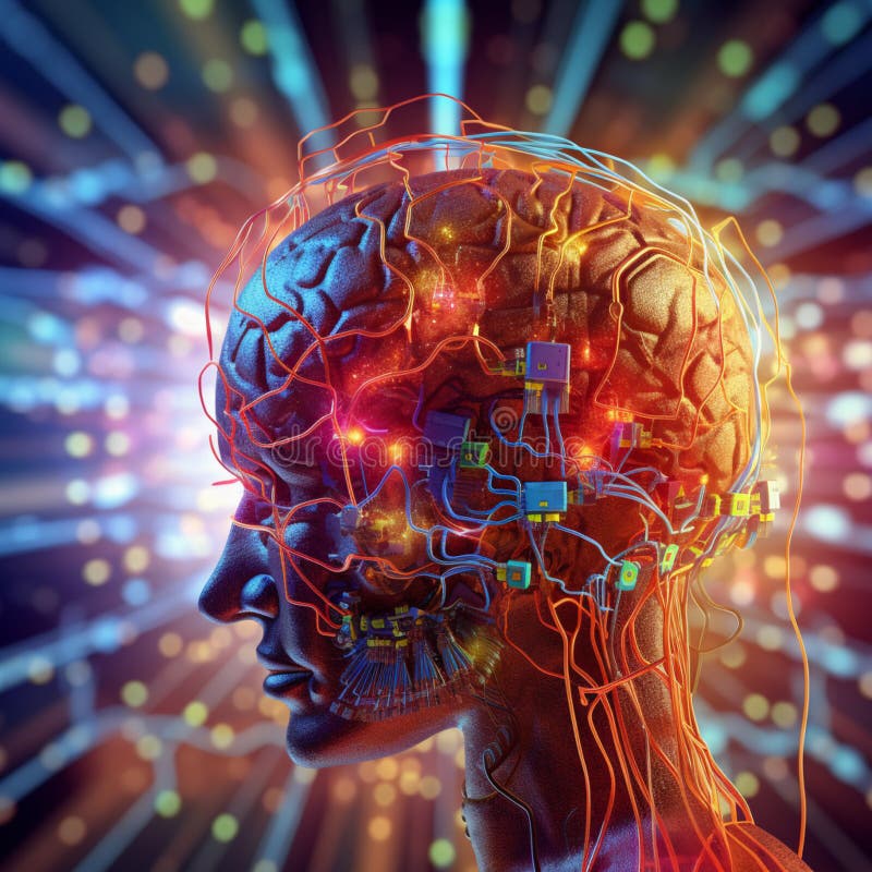 Close Up of Brain Combined or Merging with Technology, Artifical ...