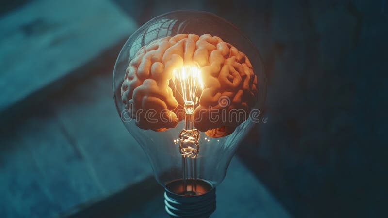 Close-up of a Brain Glowing Inside a Light Bulb Stock Illustration ...