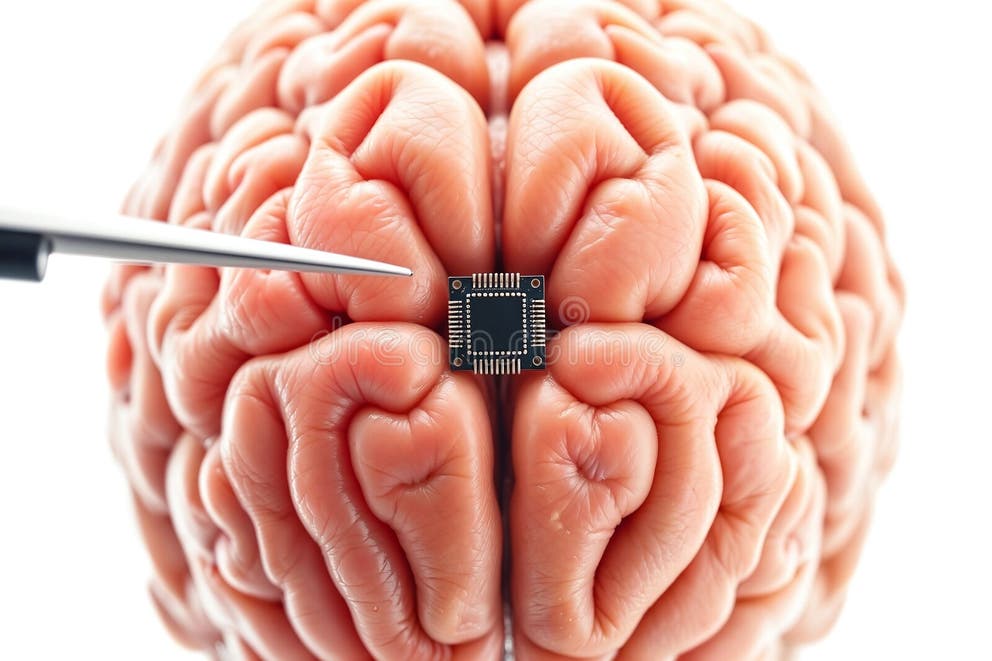 Close-up of a Brain Model with a Microchip Implant, Symbolizing ...