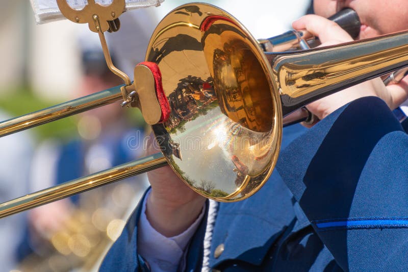 A Brass Band Musician Playing the Trombone Stock Image - Image of shine ...