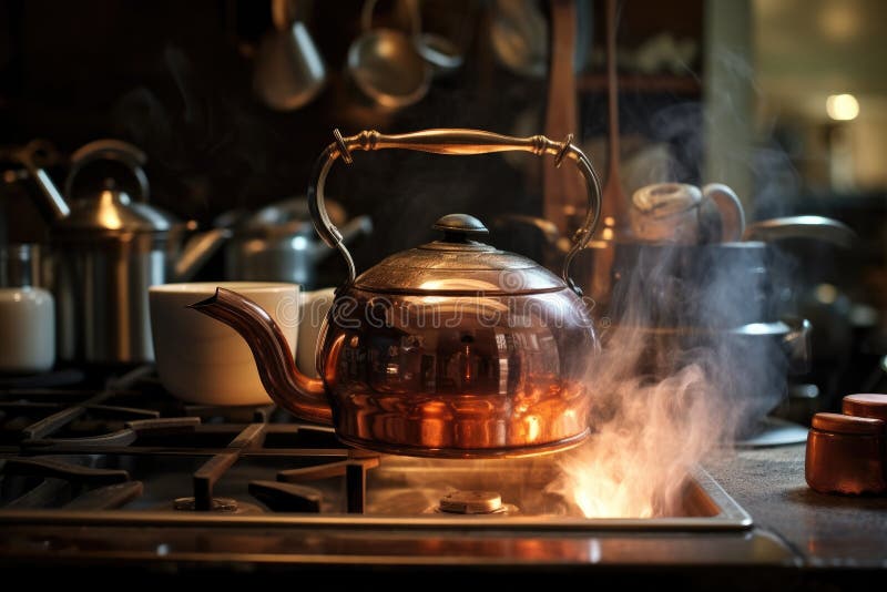 Close Up of Brass Tea Kettle Heating Up on Gas Stove in Kitchen ...