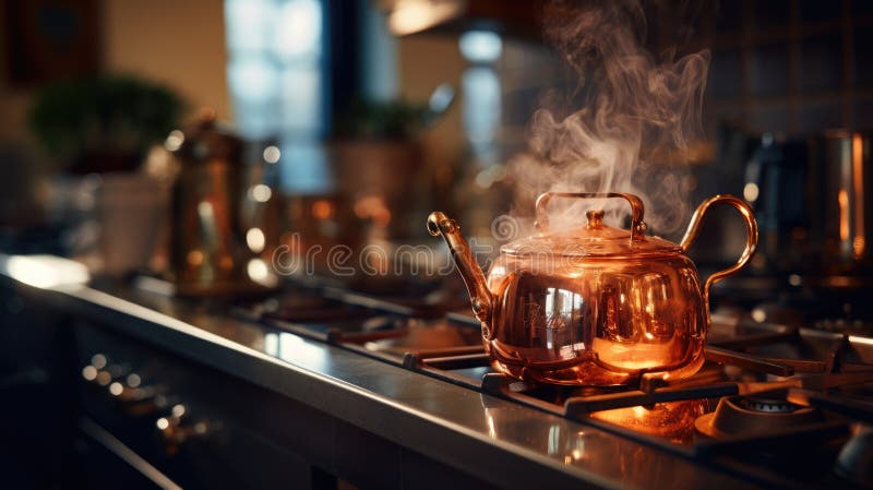 Close Up of Brass Tea Kettle Heating Up on Gas Stove in Kitchen ...