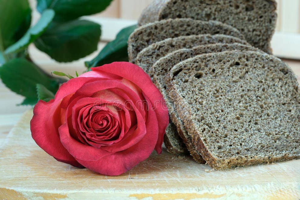 Close Up of Bread and Rose on Table Stock Image - Image of fresh ...