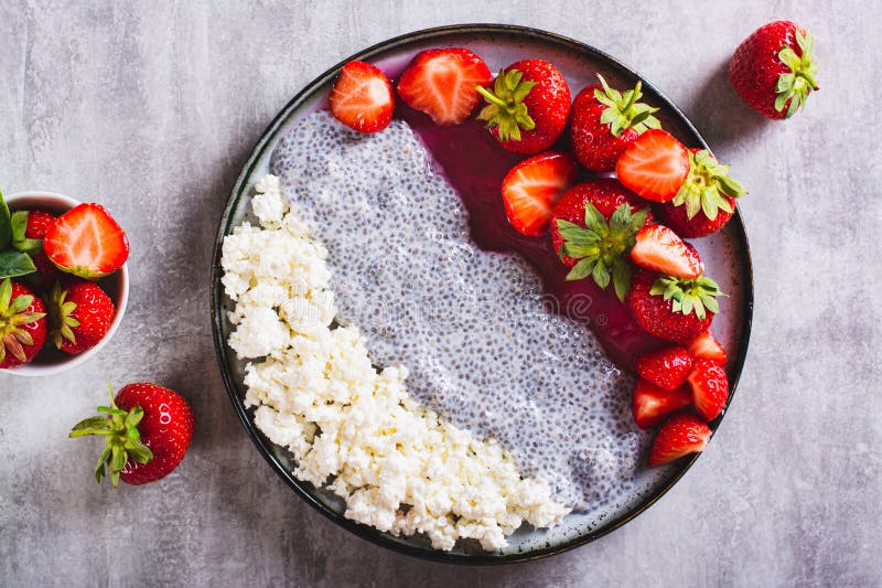 Close Up of Breakfast Plate of Cottage Cheese, Chia Pudding, Jam and ...