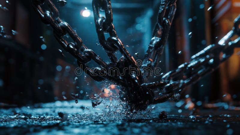Close-up of Breaking Chain Links with Sparks Flying in Dramatic Light ...