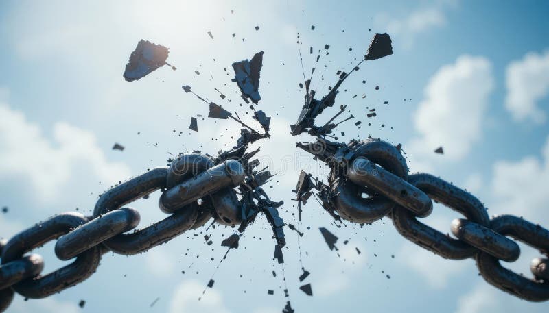 Close-up of Breaking Steel Chain with Dramatic Motion and Debris Flying ...