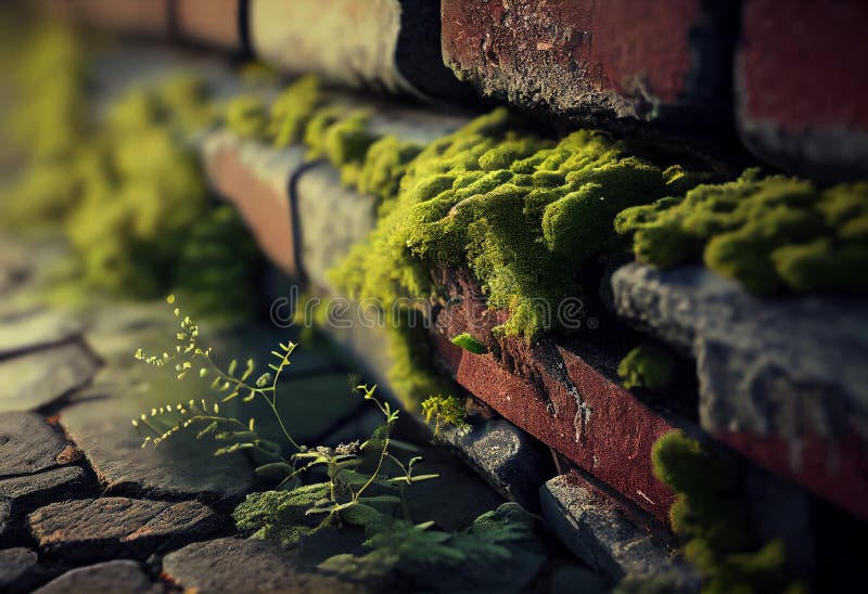 Close-up of a Brick Wall with Moss Stock Illustration - Illustration of ...