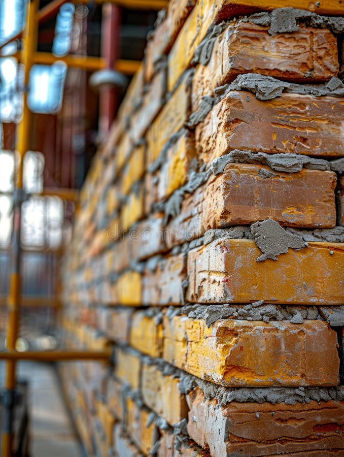 Close-up of a Brick Wall Under Construction with Scaffolding Visible ...