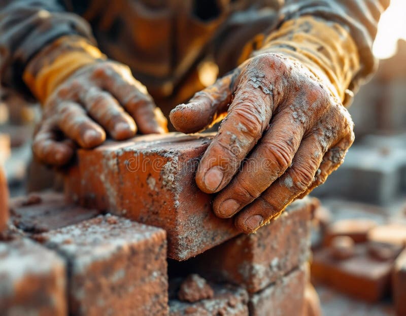 Hardworking Hands: a Close-Up of a Bricklayer at Work Stock ...