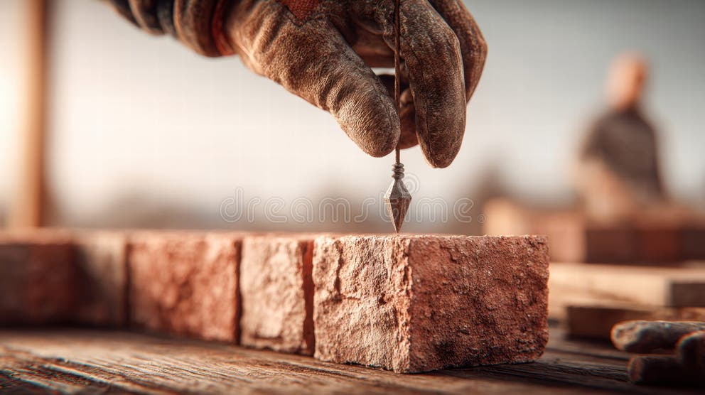 Close-up of a Bricklayer Using a Plumb Bob, Ensuring Precise Brick ...
