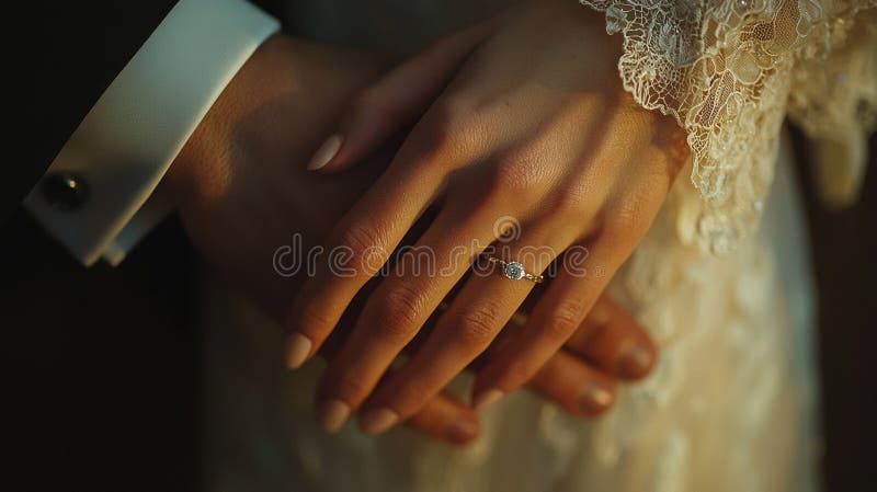 Close Up of Bride and Groom Hands, Showcasing Diamond Engagement Ring ...