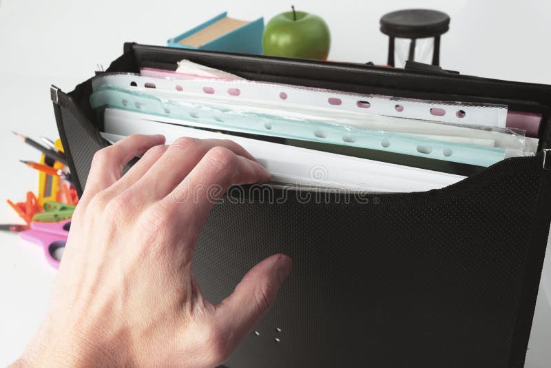 Close Up. Briefcase with File Folders and School Supplies on White ...